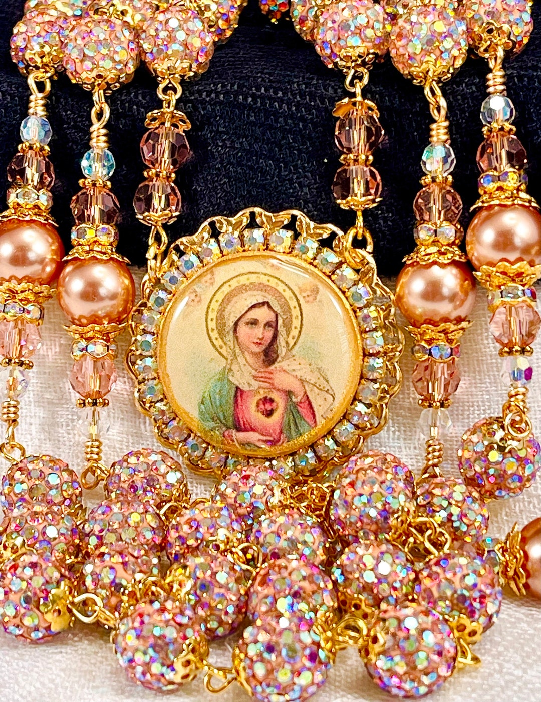 CHAMPAGNE & ROSE GOLD Pearls Pave Crystal Catholic Rosary/heirloom ...