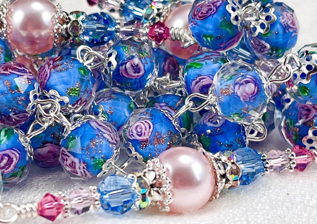 BLUE ROSEBUD Rosary/forget-me-not Blue Catholic Wedding Rosary/lampwork ...