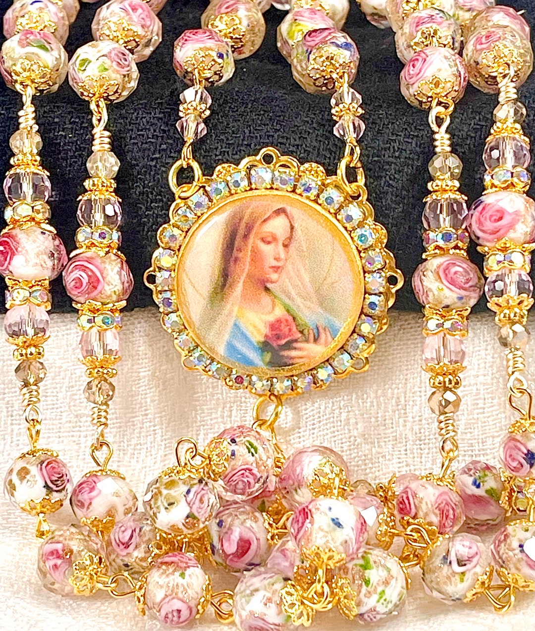 ROSEBUD PINK CRYSTAL Gold Rosary Catholic Wedding Aurora Borealis ...
