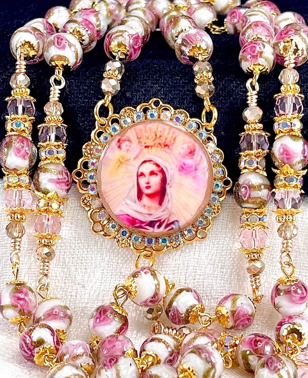 ROSEBUD PINK CRYSTAL Rosary in Gold/catholic Wedding Aurora Borealis ...