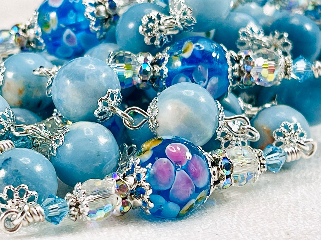 LARIMAR QUARTZ ROSARY & Lampwork Glass Bridal Bouquet Catholic Wedding ...