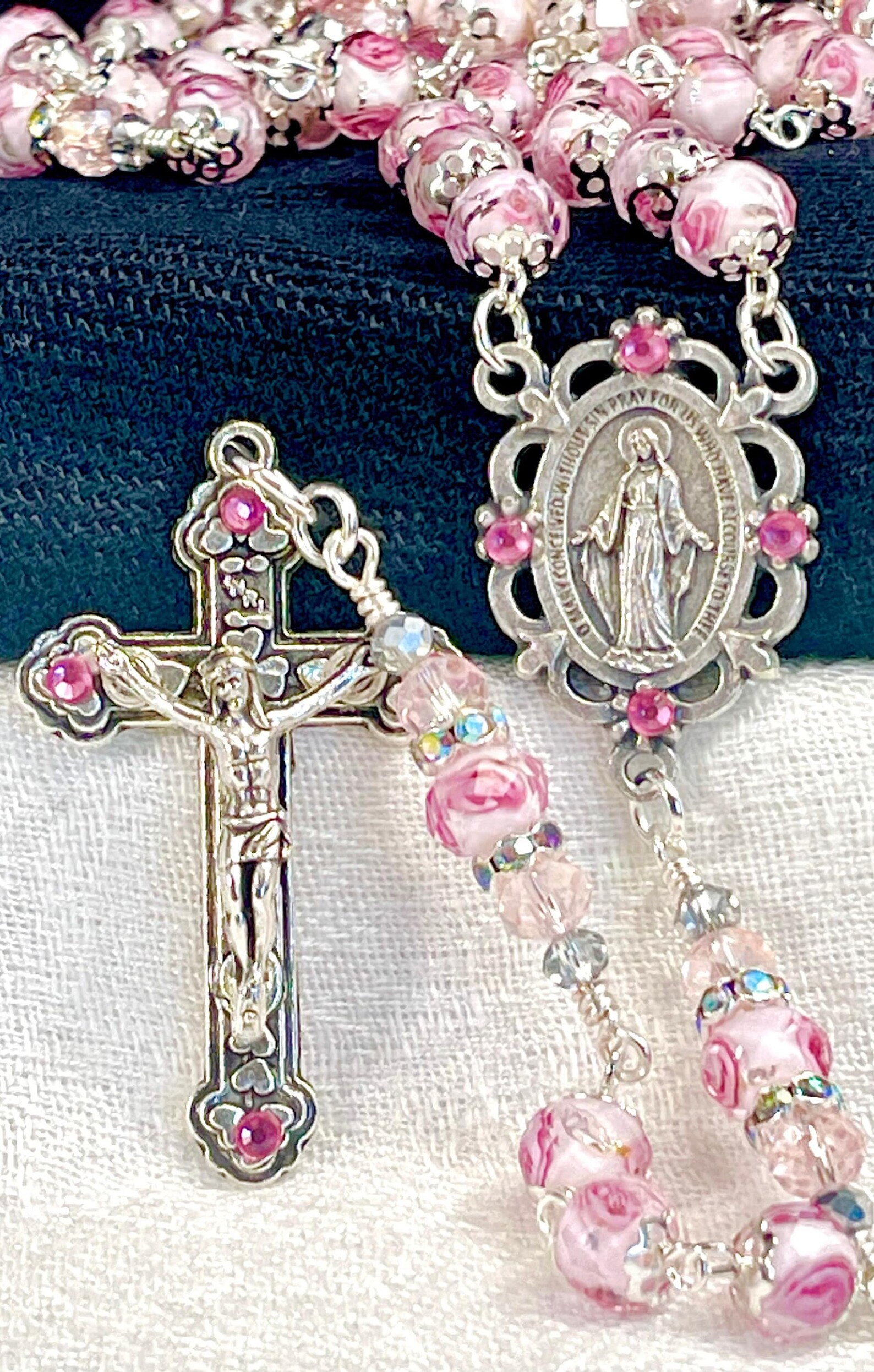 ROSEBUD PINK CRYSTAL Rosary Catholic Wedding Aurora Borealis Lampwork ...