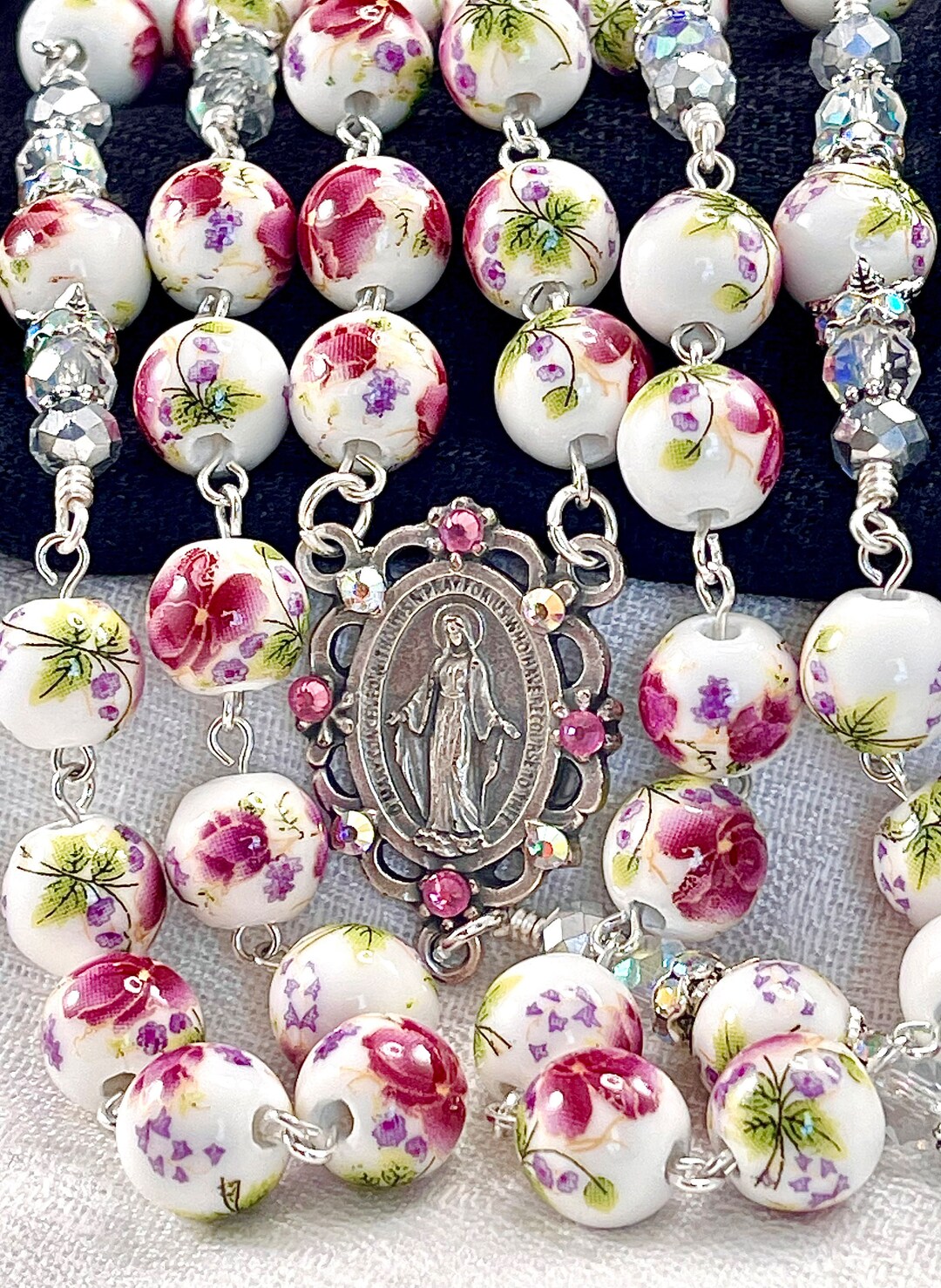 PINK ROSEBUD PORCELAIN Rosary//heirloom Rosary Bridal Bouquet Catholic ...