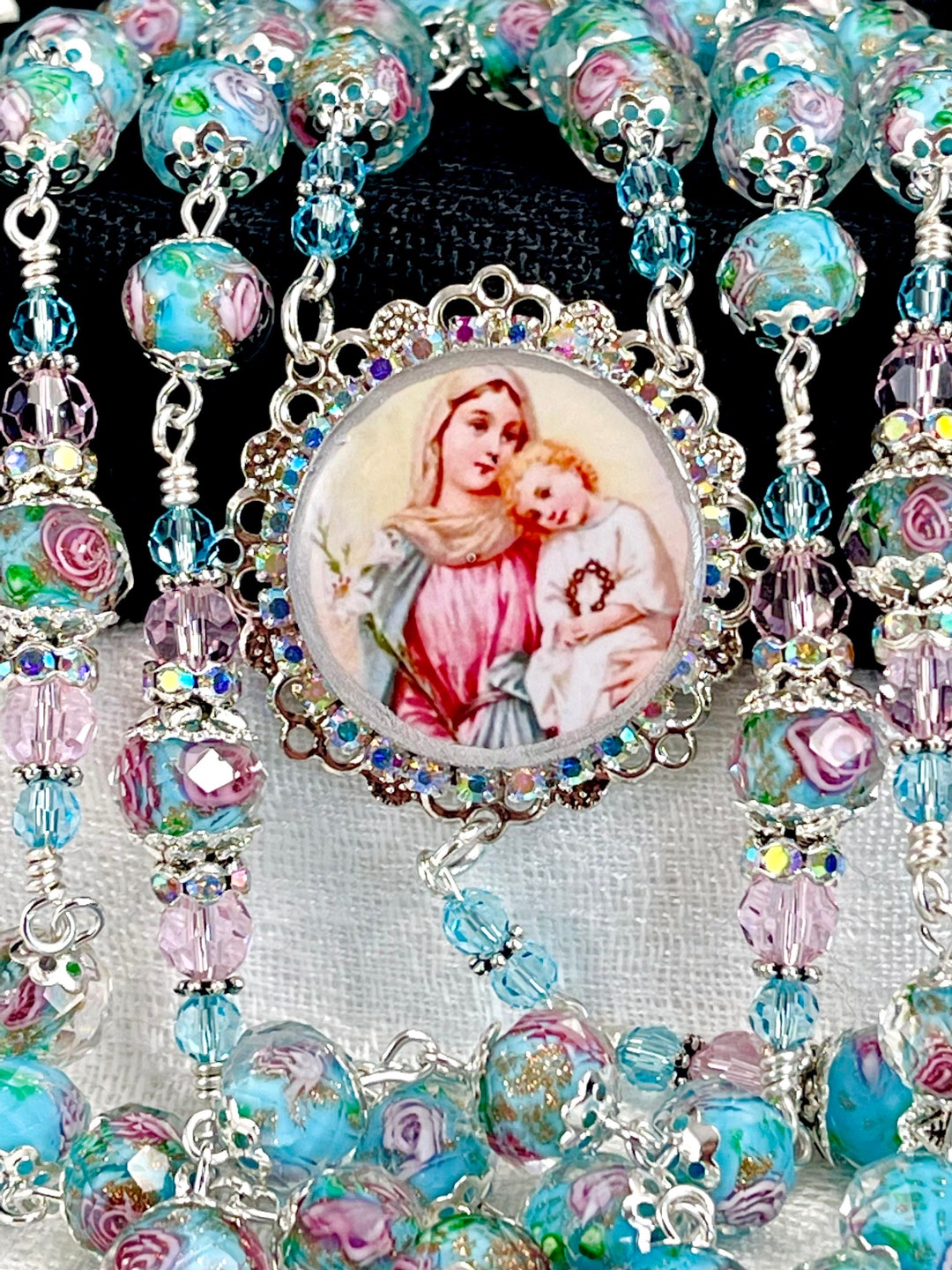 ROSEBUD BLUE Crystal Rosary/catholic Wedding Lampwork Heirloom Rosary ...