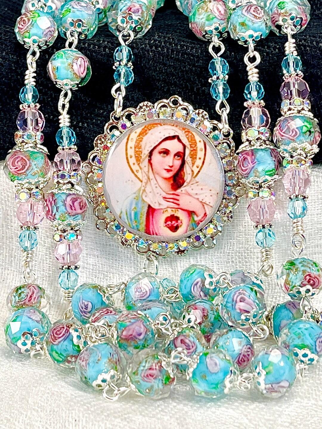 ROSEBUD BLUE Crystal Rosary/catholic Wedding Lampwork Heirloom Rosary ...