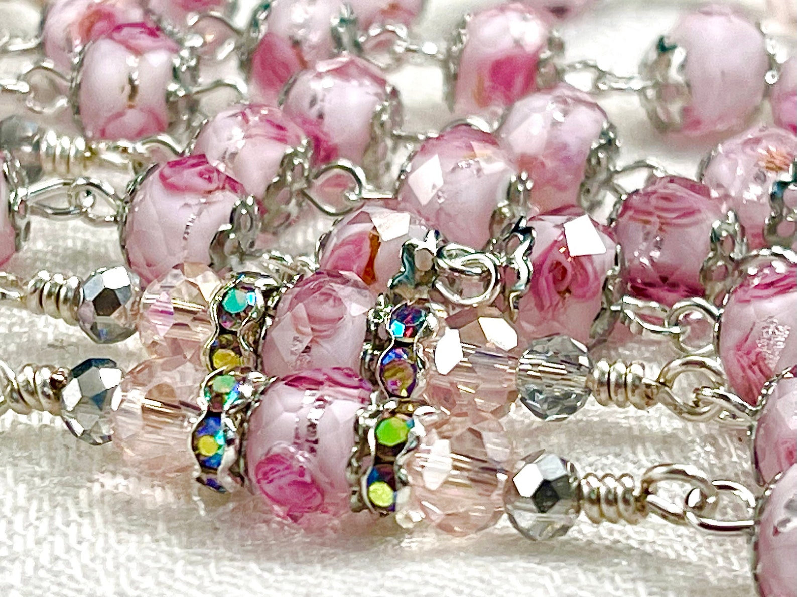 ROSEBUD PINK CRYSTAL Rosary Catholic Wedding Aurora Borealis Lampwork ...