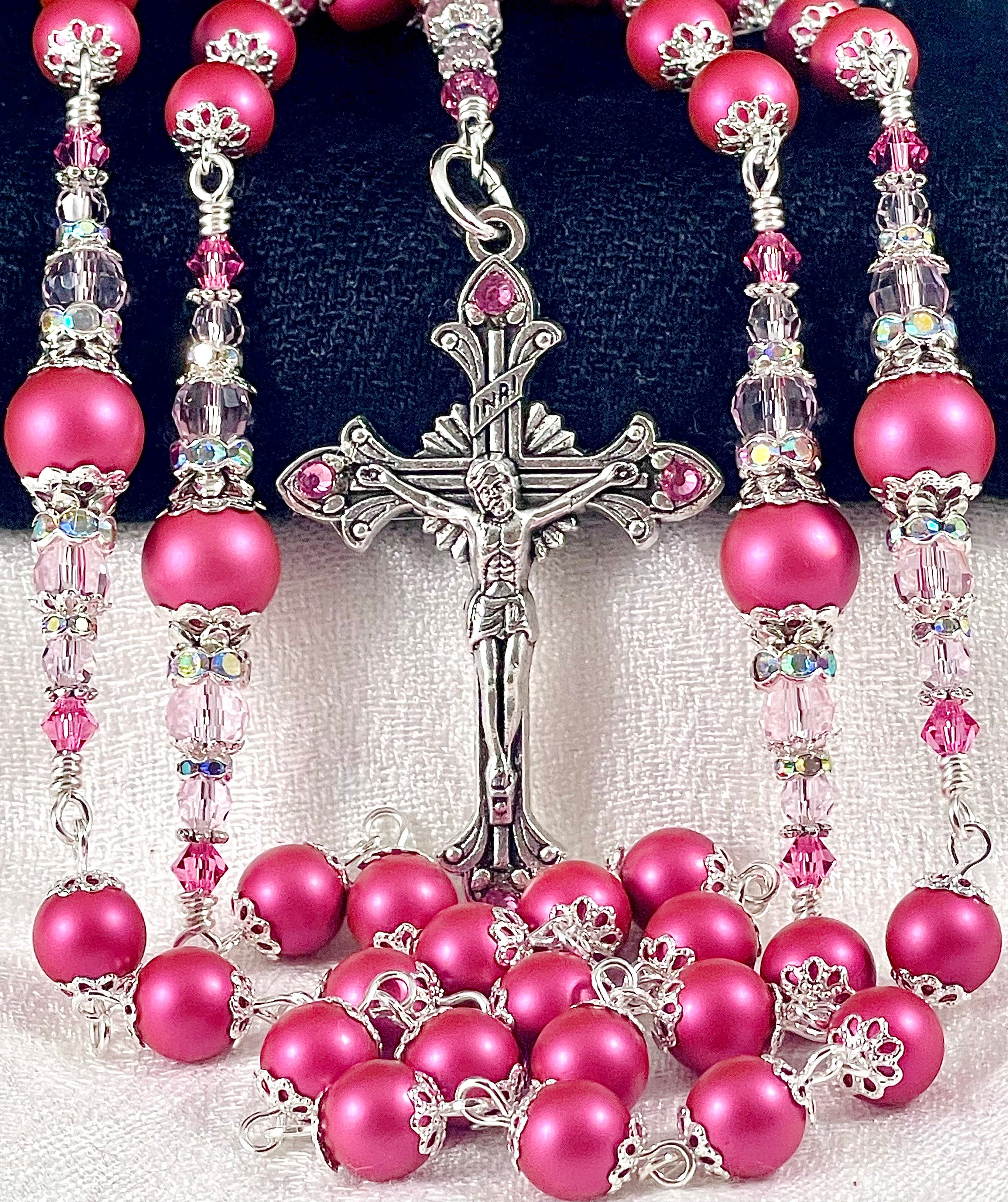 VIVID PINK AUSTRIAN Pearl Rosary/heirloom Hot Pink Rosary/catholic ...