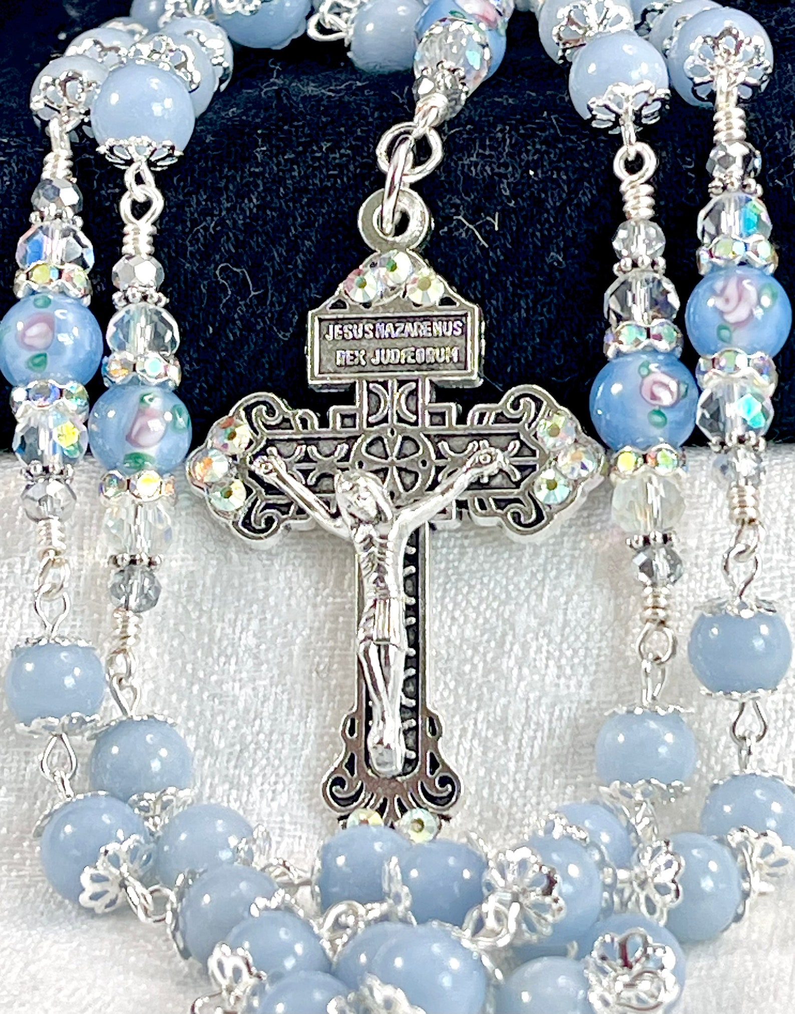 BLUE ANGELITE Rosary/heirloom With Blown Glass Rosary/blue Bridal ...
