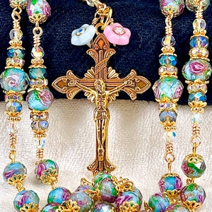 ROSEBUD BLUE Crystal Rosary Gold Catholic Wedding Swarovski /lampwork ...