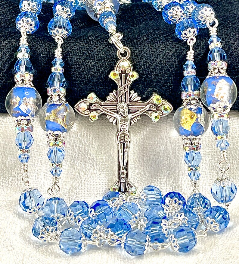 BLUE AUSTRIAN CRYSTAL Rosary/genuine Lampwork/catholic Wedding/heirloom ...