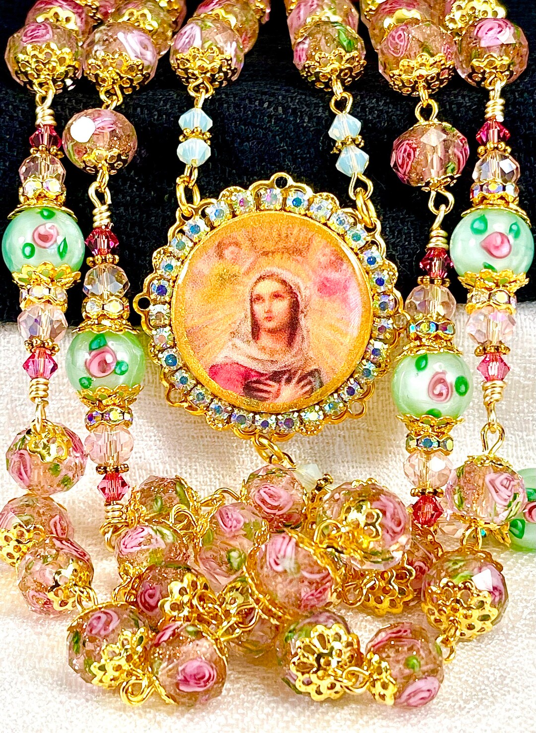 AQUA & PINK ROSEBUD Rosary in Gold/catholic Wedding/lampwork With ...