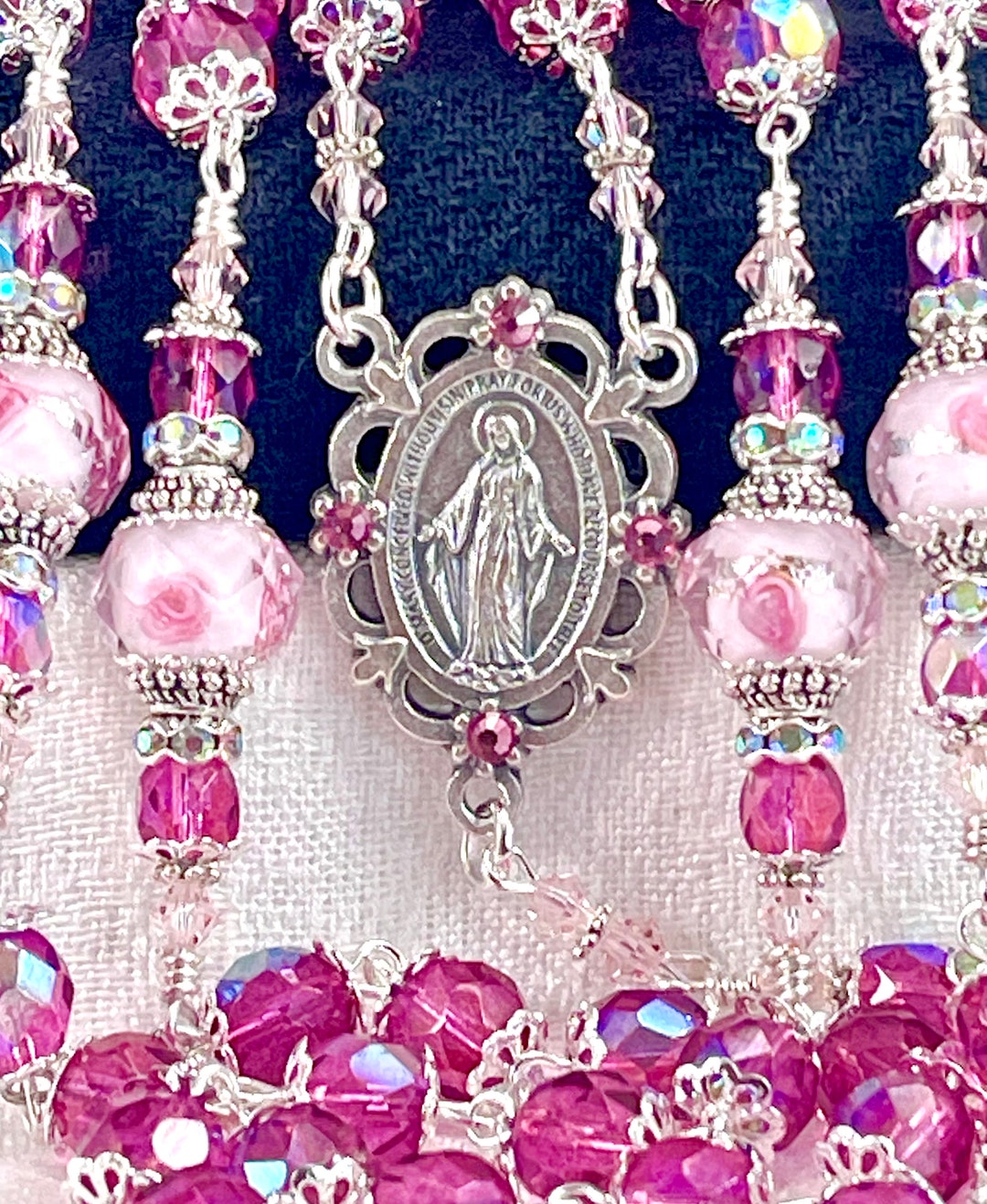 FUSCIA ROSEBUD PINK Crystal Rosary Catholic Stunning Wedding Aurora ...