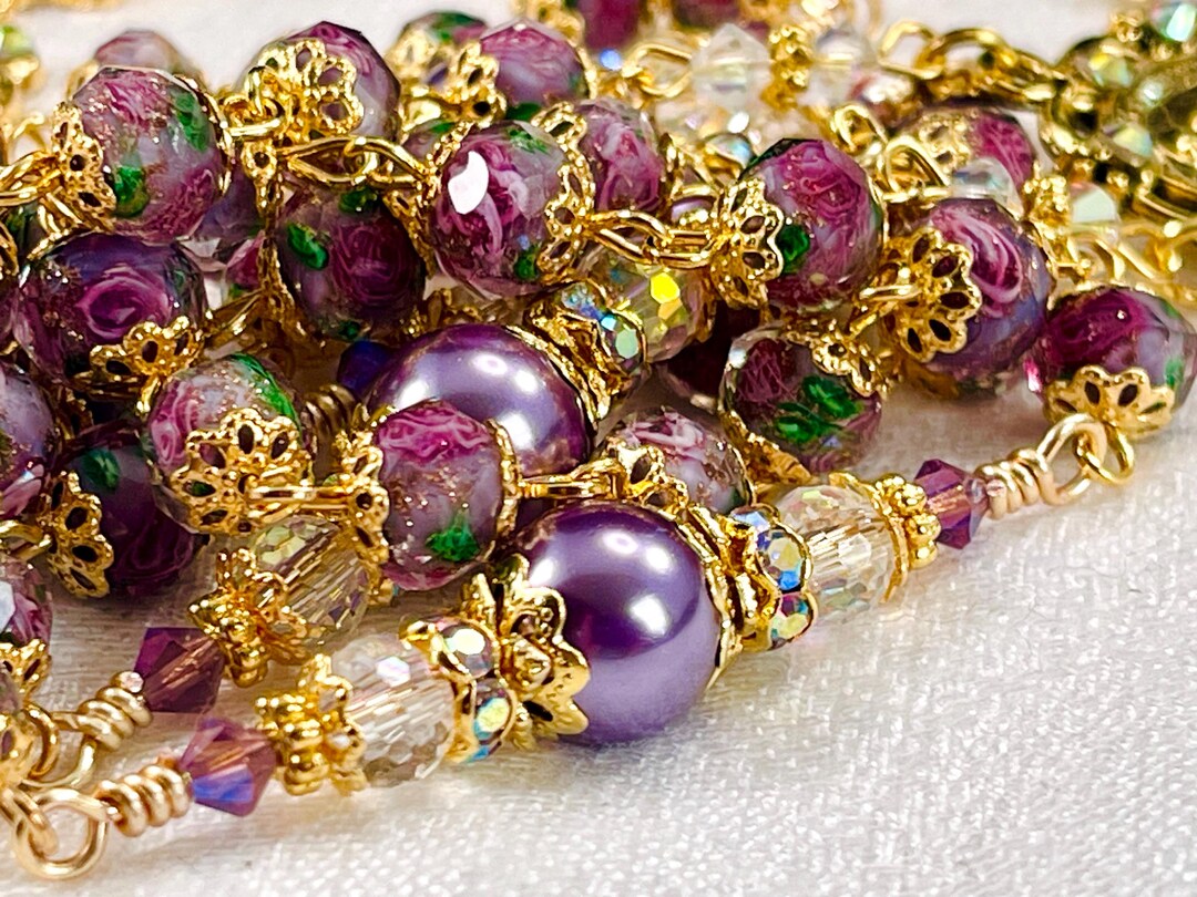 ROSEBUD PLUM CRYSTAL Rosary Gold Catholic Wedding Rosary/lampwork ...