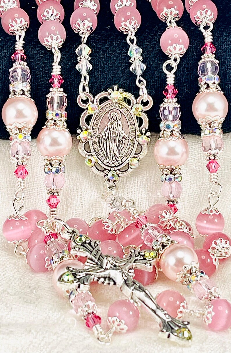 PINK CAT’S EYE Rosary/austrian Crystal Pearls/heirloom/bridal Bouquet ...