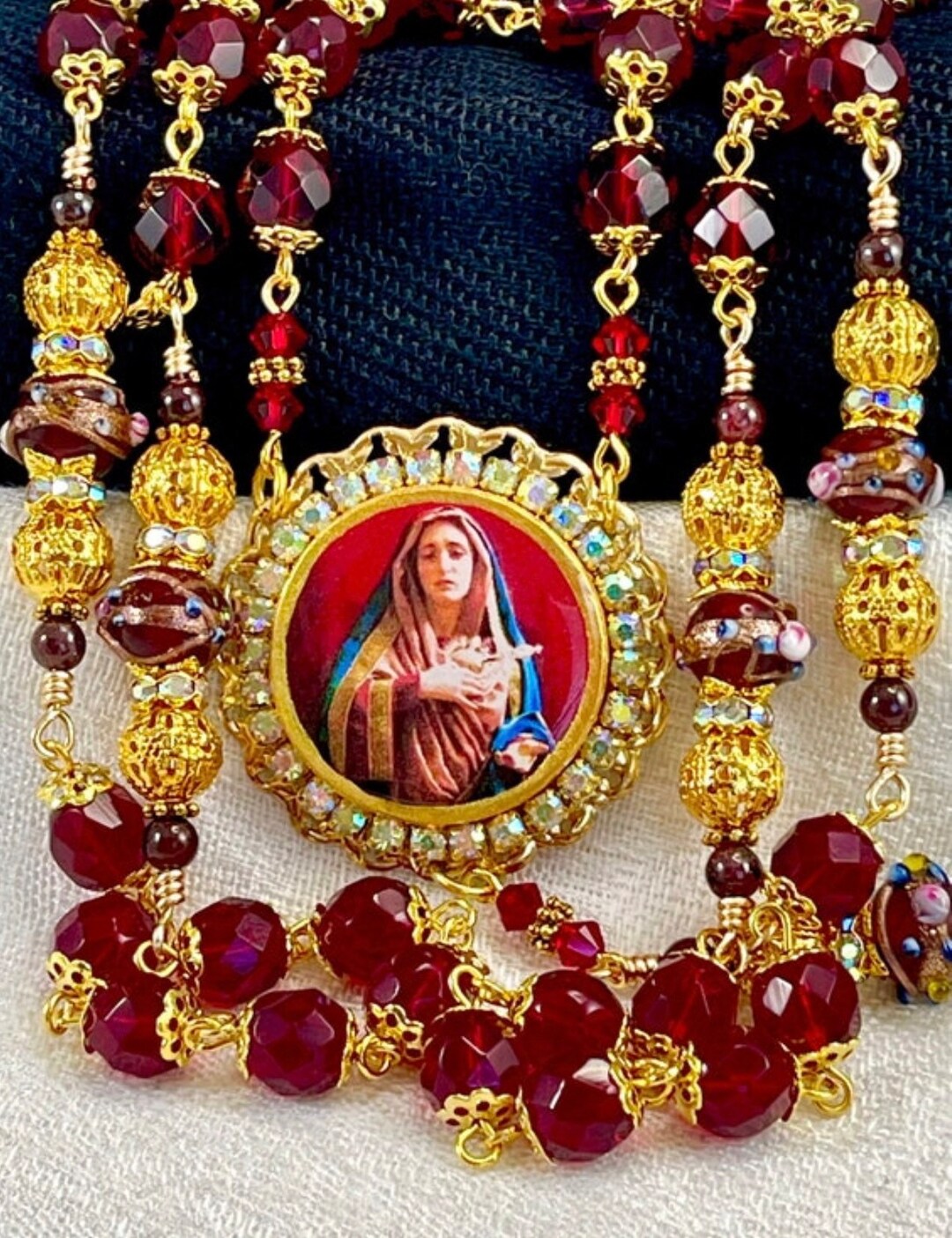 MIRACULOUS SEVEN SORROWS of Mary Rosary/catholic Siam Garnet/gold ...