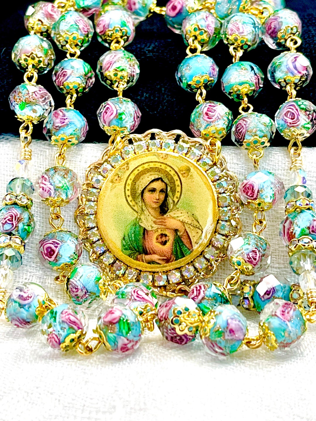 ROSEBUD BLUE Crystal Rosary Gold Catholic Wedding Swarovski /lampwork ...