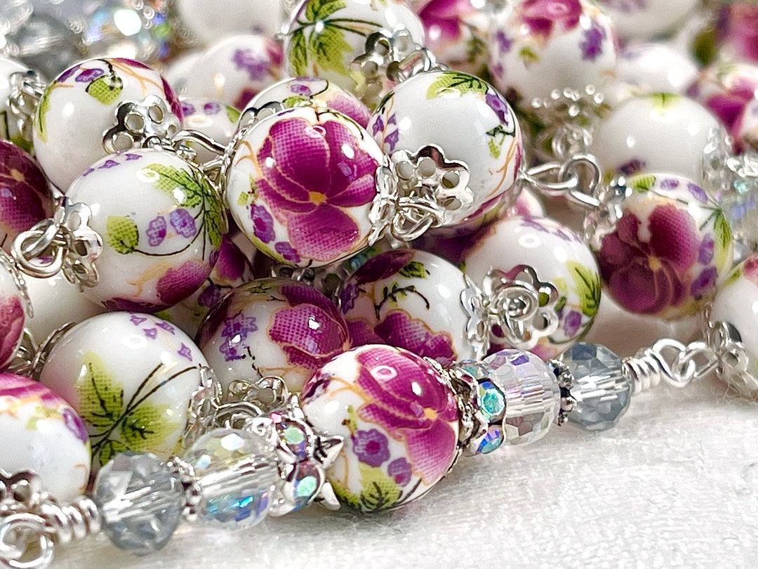 PINK ROSEBUD PORCELAIN Rosary//heirloom Rosary Bridal Bouquet Catholic ...
