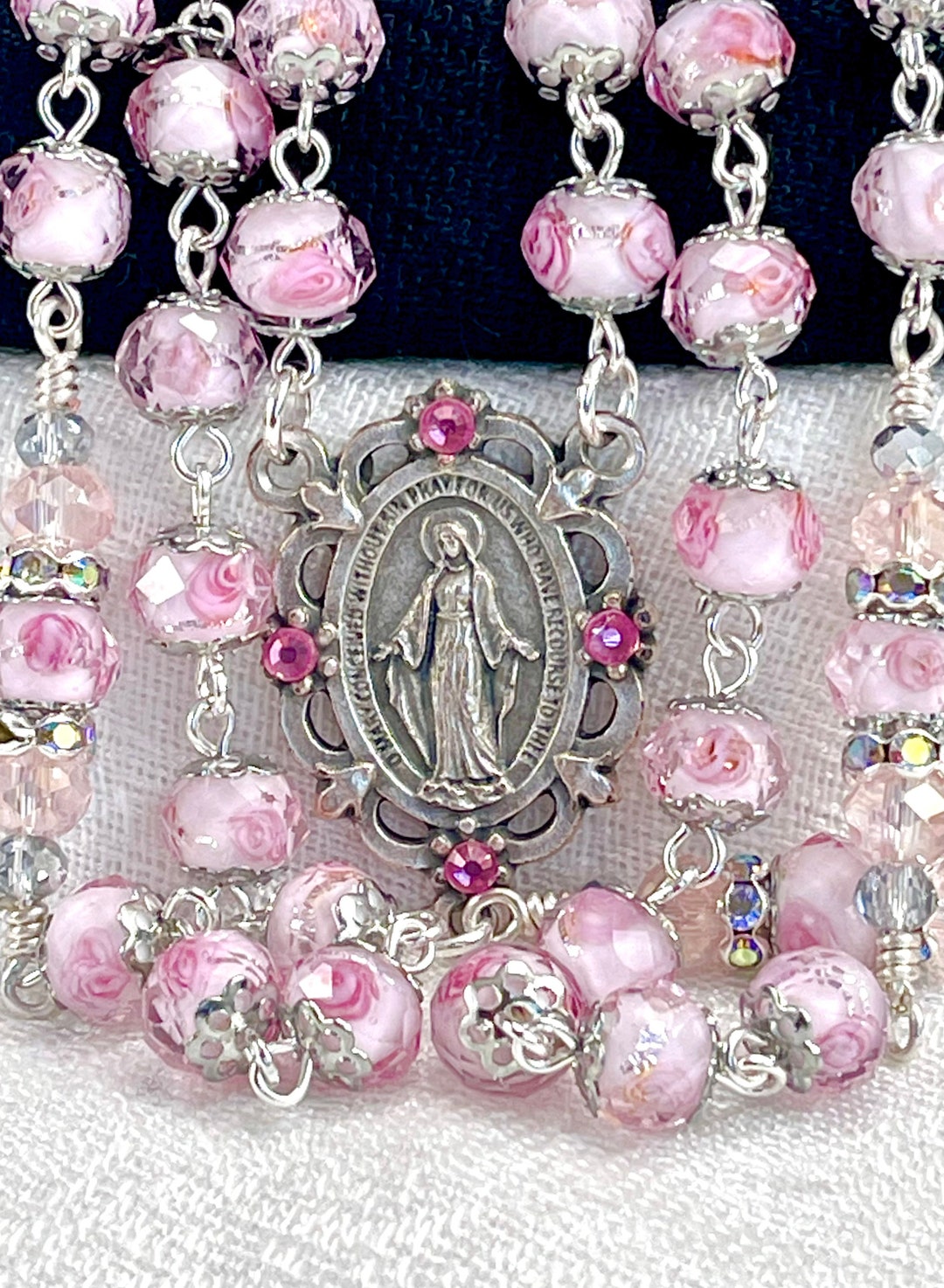 ROSEBUD PINK CRYSTAL Rosary Catholic Wedding Aurora Borealis Lampwork ...