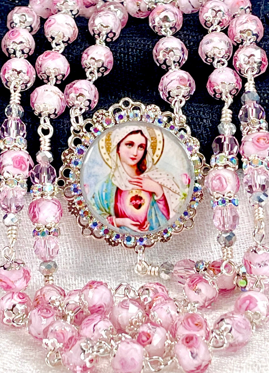 ROSEBUD PINK CRYSTAL Rosary Catholic Wedding Aurora Borealis Lampwork ...