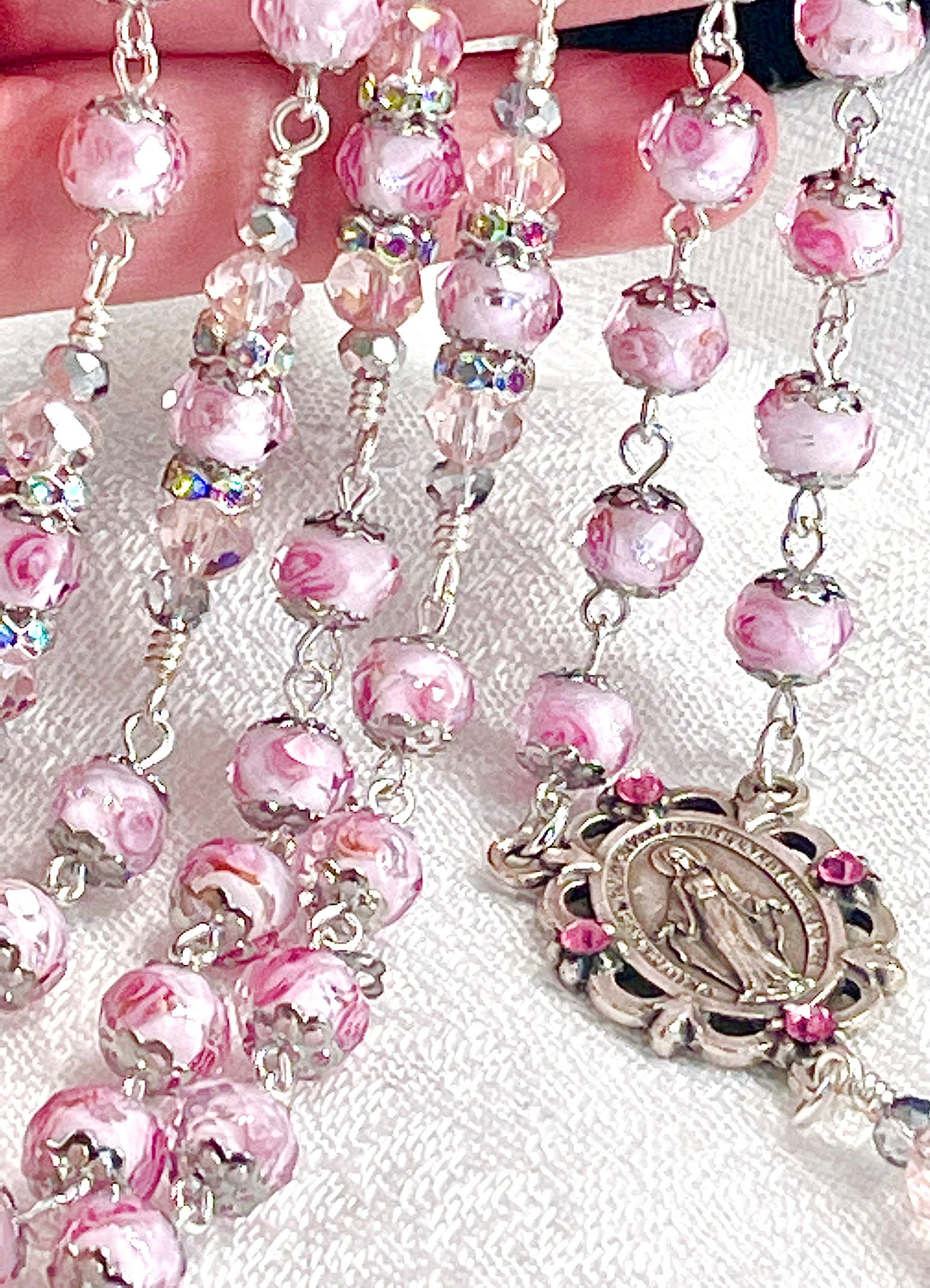 ROSEBUD PINK CRYSTAL Rosary Catholic Wedding Aurora Borealis Lampwork ...