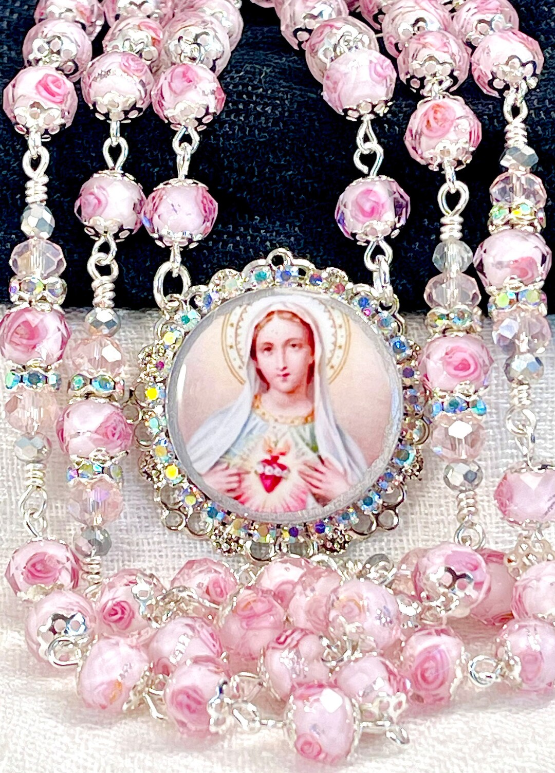 ROSEBUD PINK CRYSTAL Rosary Catholic Wedding Aurora Borealis Lampwork ...