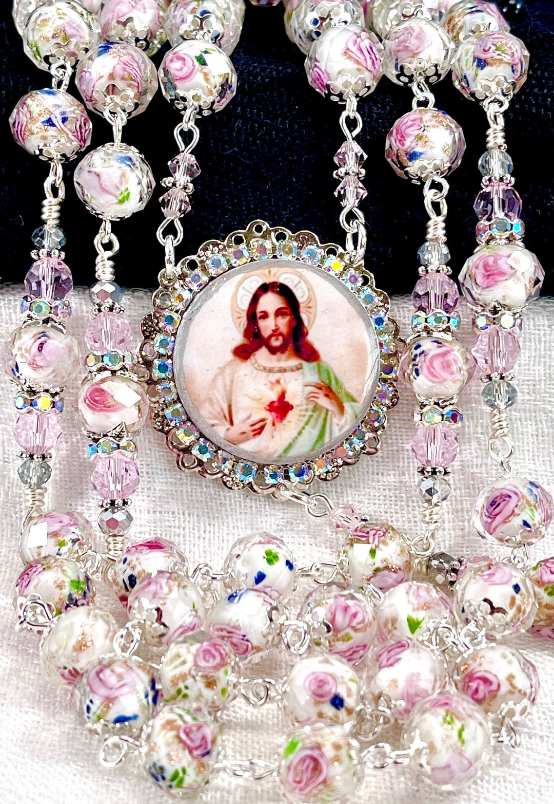ROSEBUD PINK CRYSTAL Rosary Catholic Wedding Aurora Borealis Lampwork ...