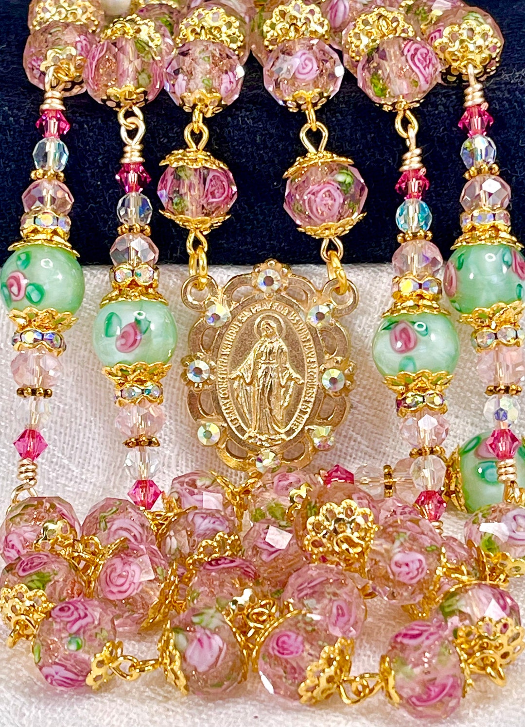 PINK ROSE LAMPWORK Gold Rosary/aqua Blown Glass Beads/catholic Wedding ...