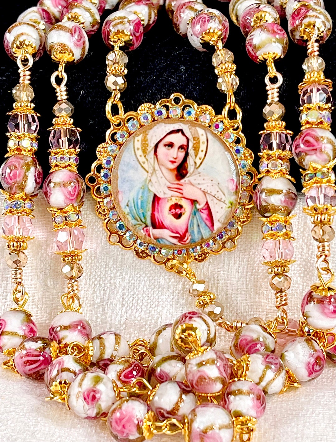 ROSEBUD PINK CRYSTAL Rosary in Gold/catholic Wedding Aurora Borealis ...
