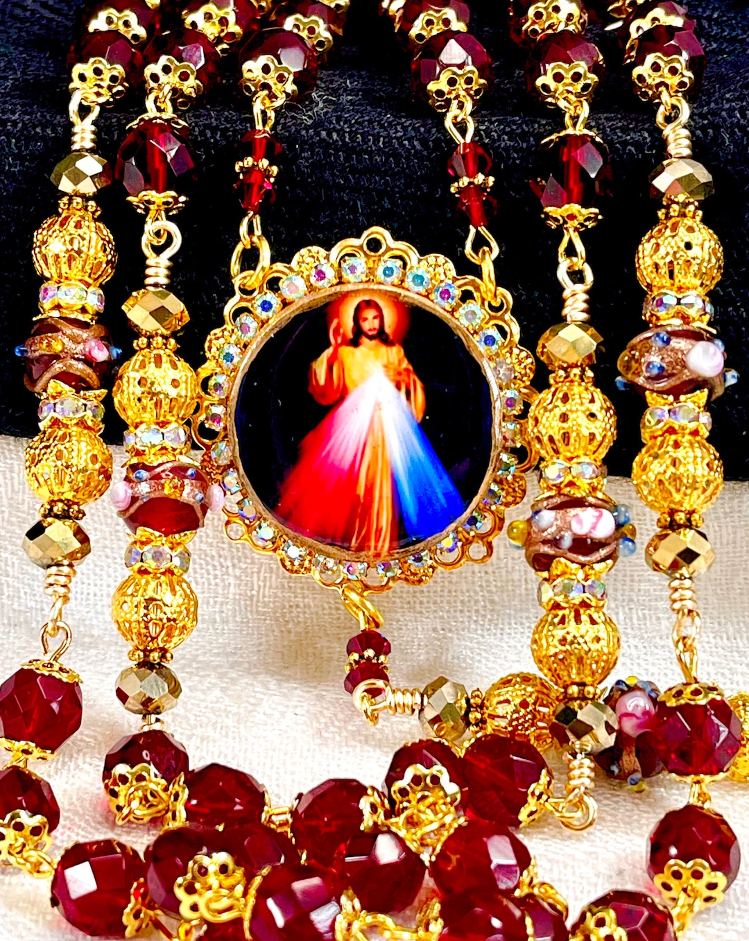 DIVINE MERCY GOLD Rosary/heirloom Rosary/aurora Borealis & Venetian ...