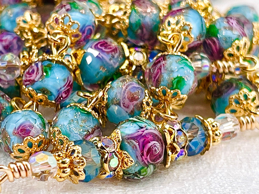 ROSEBUD BLUE Crystal Rosary Gold Catholic Wedding Swarovski /lampwork ...