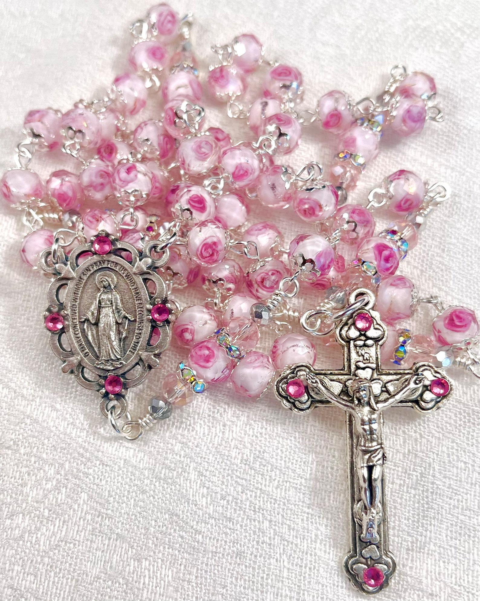 ROSEBUD PINK CRYSTAL Rosary Catholic Wedding Aurora Borealis Lampwork ...