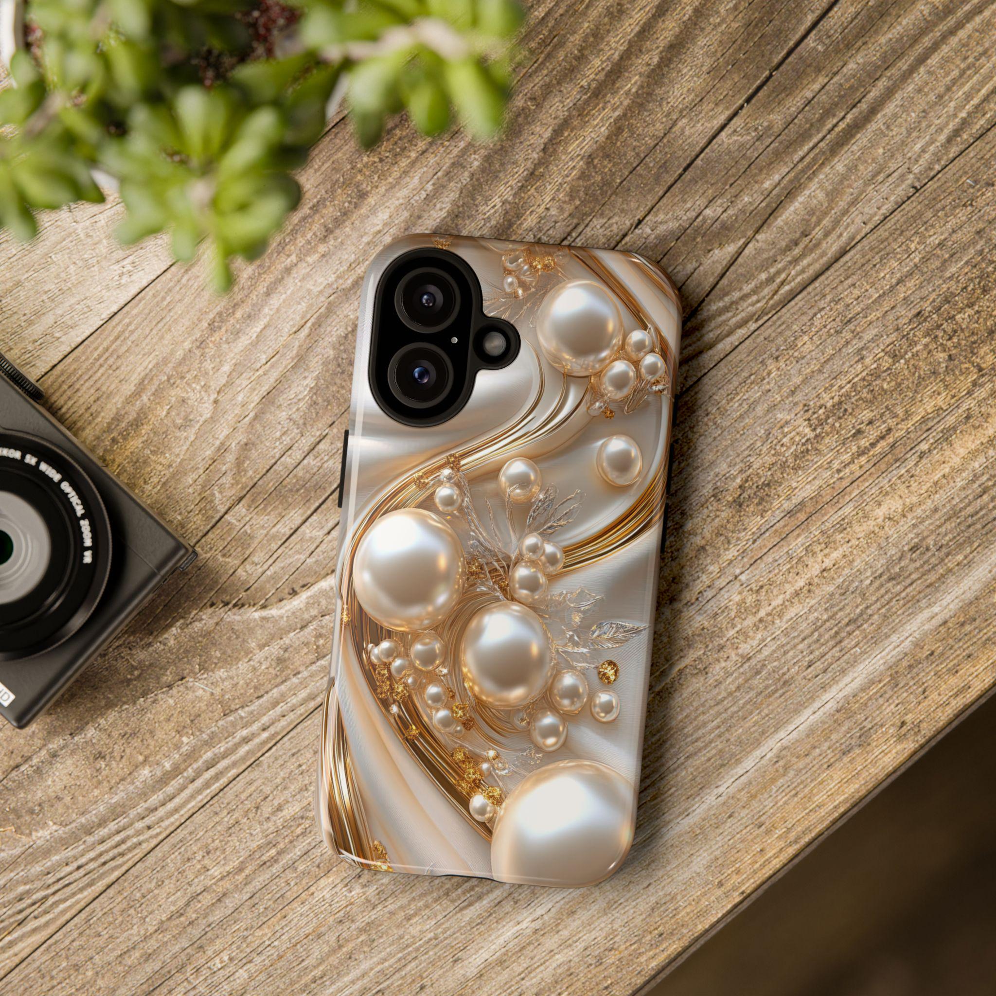 Pearl Elegance Phone Case: Faux Pearl & Gold Design, Impact Resistant ...