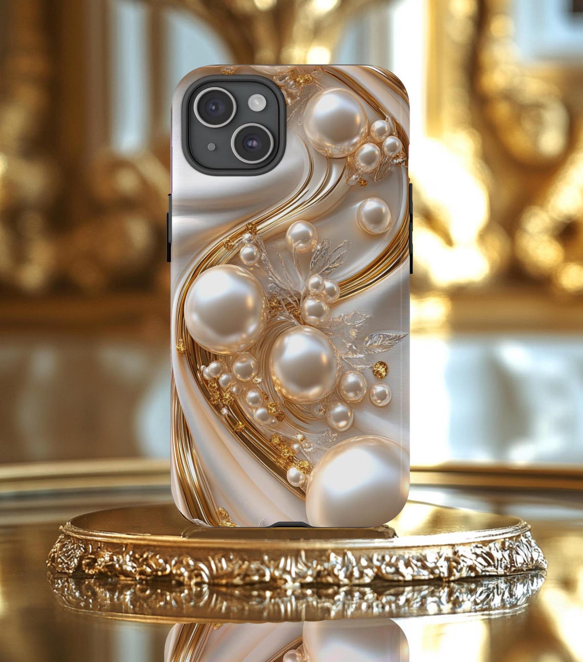 Pearl Elegance Phone Case: Faux Pearl & Gold Design, Impact Resistant ...