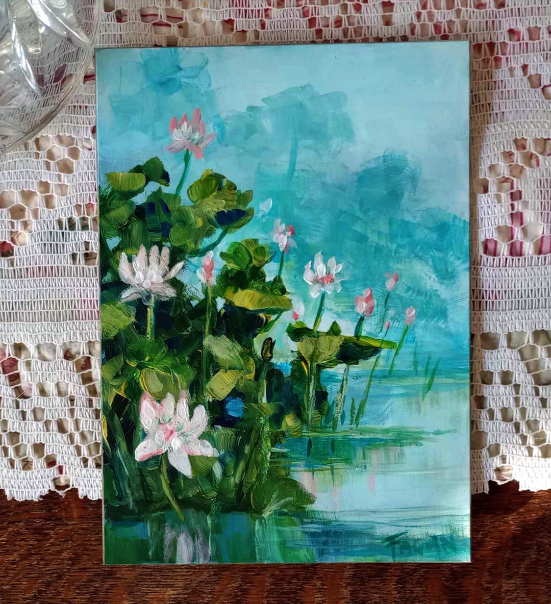Miniature Lotus Acrylic Painting, Original Flower Ooak, Mini Landscape ...