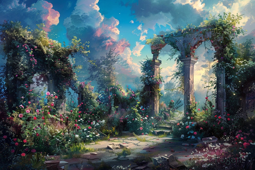 Garden Ruins, Digital Design, Beautiful Sky, Wall Art, Room Decor, Gift ...