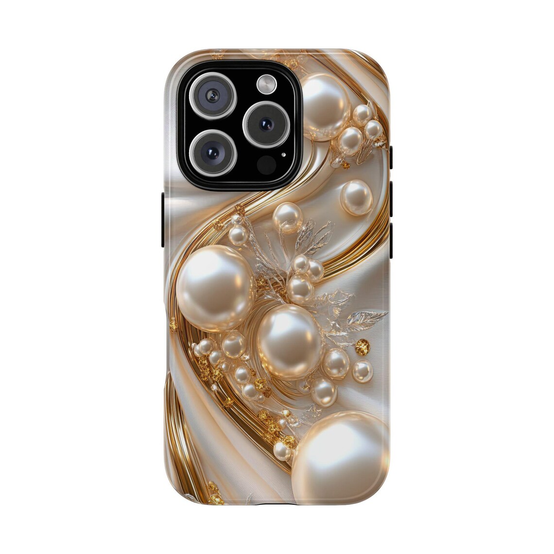Pearl Elegance Phone Case: Faux Pearl & Gold Design, Impact Resistant ...