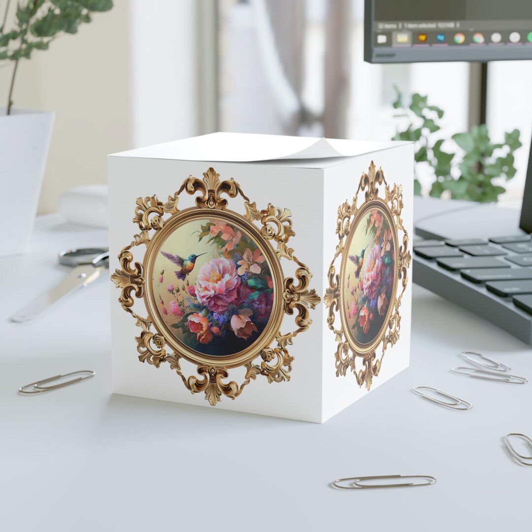 Hummingbird Floral Sticky Note Cube, Elegant Ornate Bird Flower Desk ...
