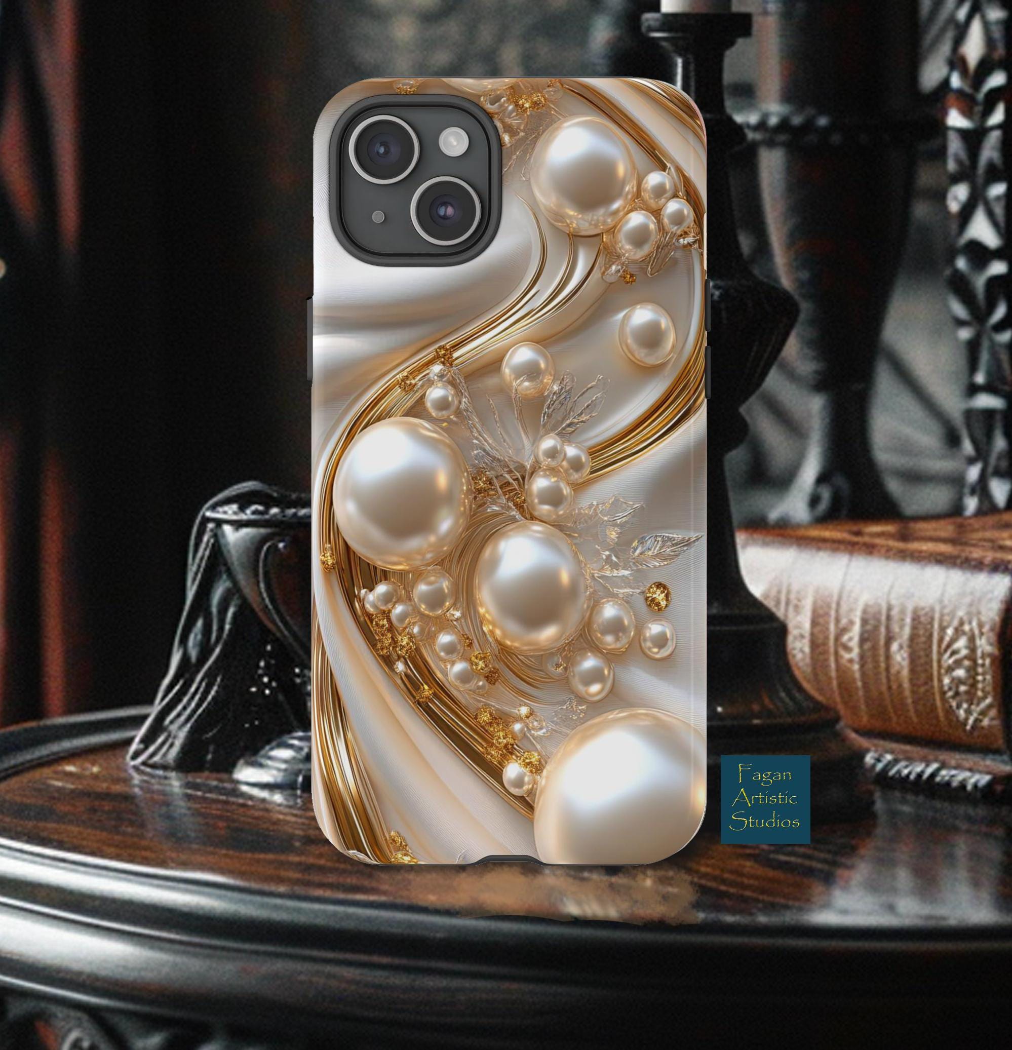 Pearl Elegance Phone Case: Faux Pearl & Gold Design, Impact Resistant ...