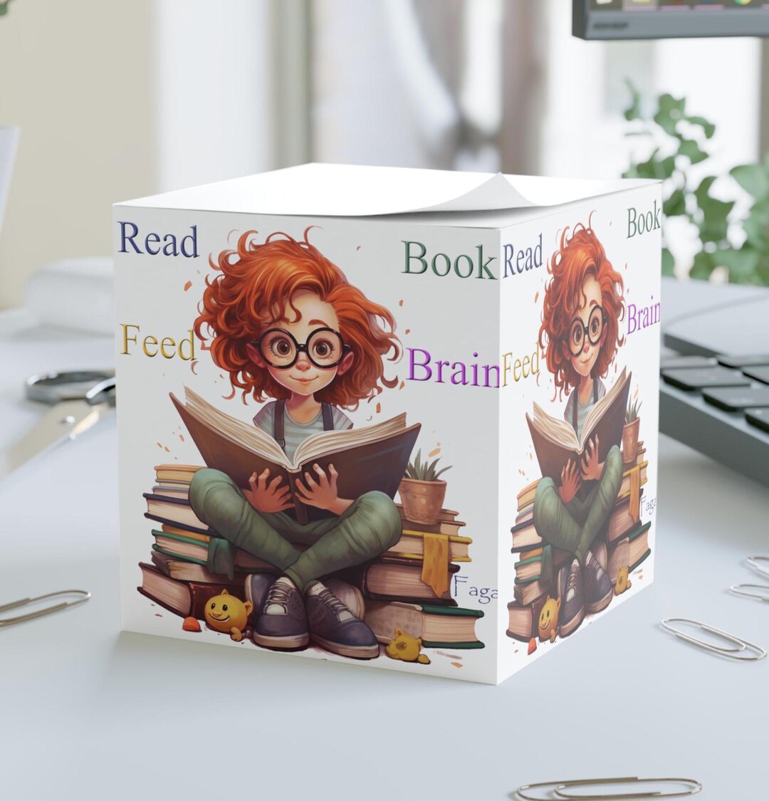 Bookworm Post It Note Cube, Reading Girl Desk Organizer, Literary Lover ...