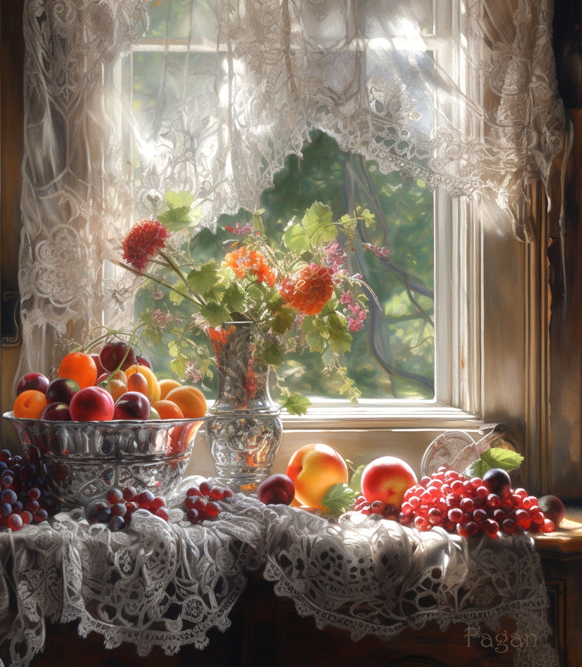 Digital Download Still Life With Fruit, Lacy Curtains, Doilies ...