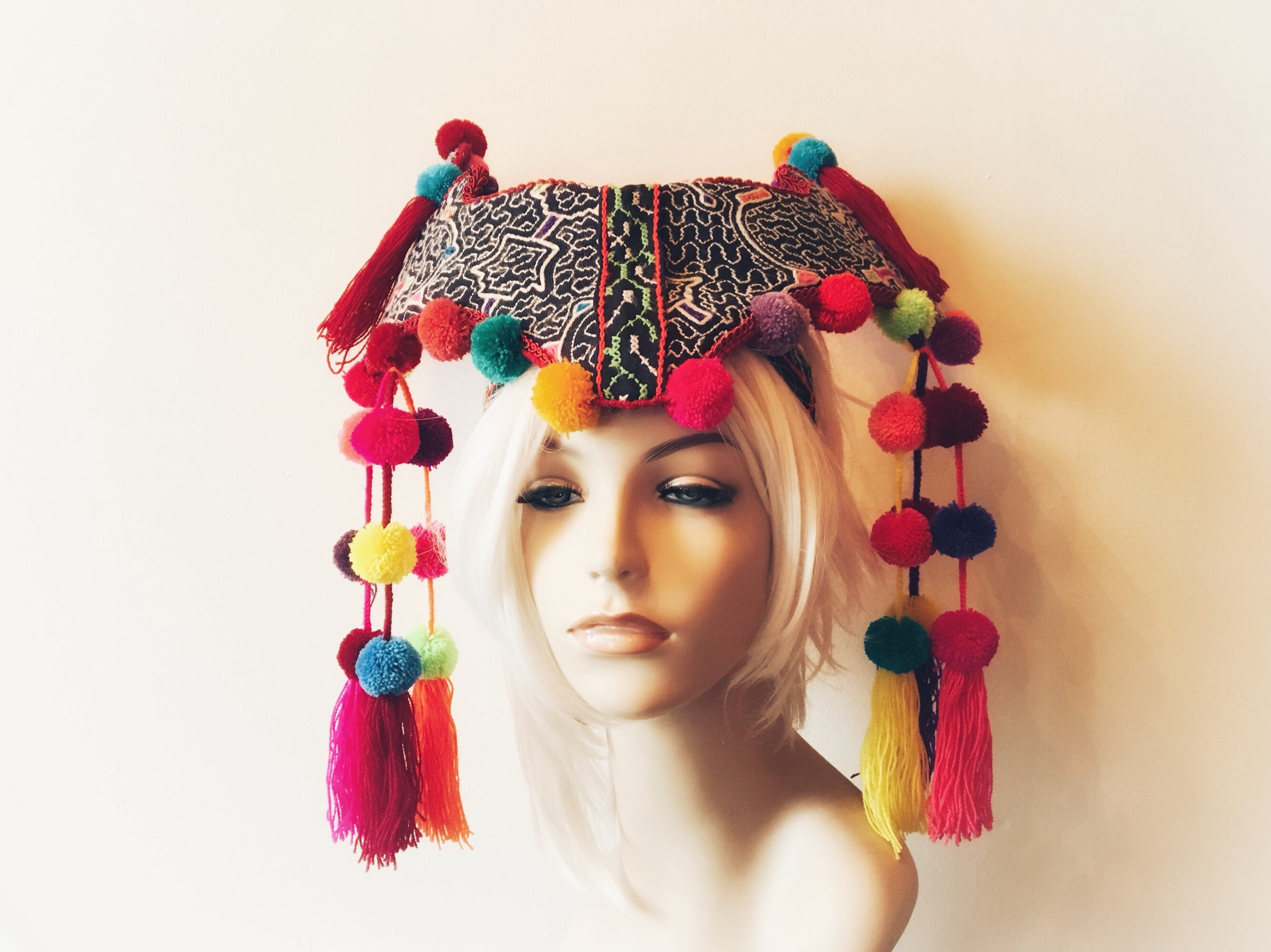 Spirit Vision Headdress: Rainbow Shipibo Colorful Pom Pom Crown Cosplay ...