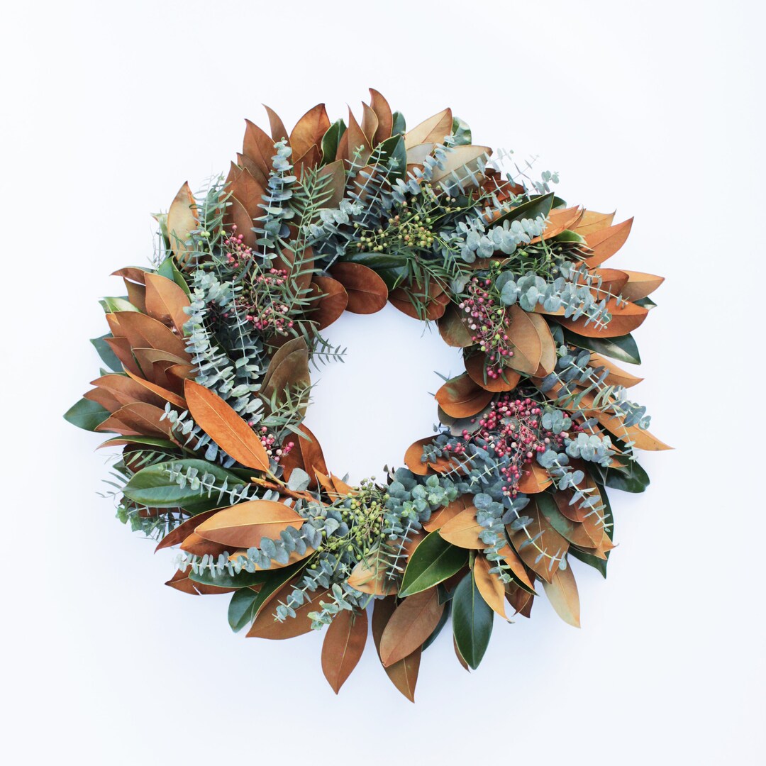Fresh Handmade Magnolia + Baby Blue Eucalyptus + Pepper Berry Wreath 20 ...