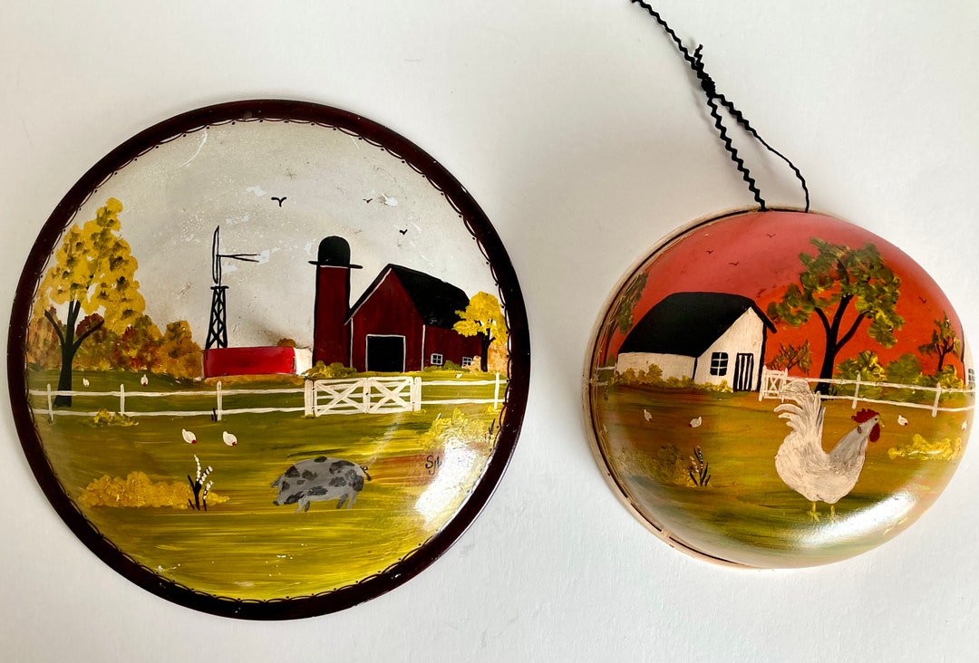 Vintage Hand Painted Folk Art Scenes on Tinware Bowl and Pot Lid Signed ...