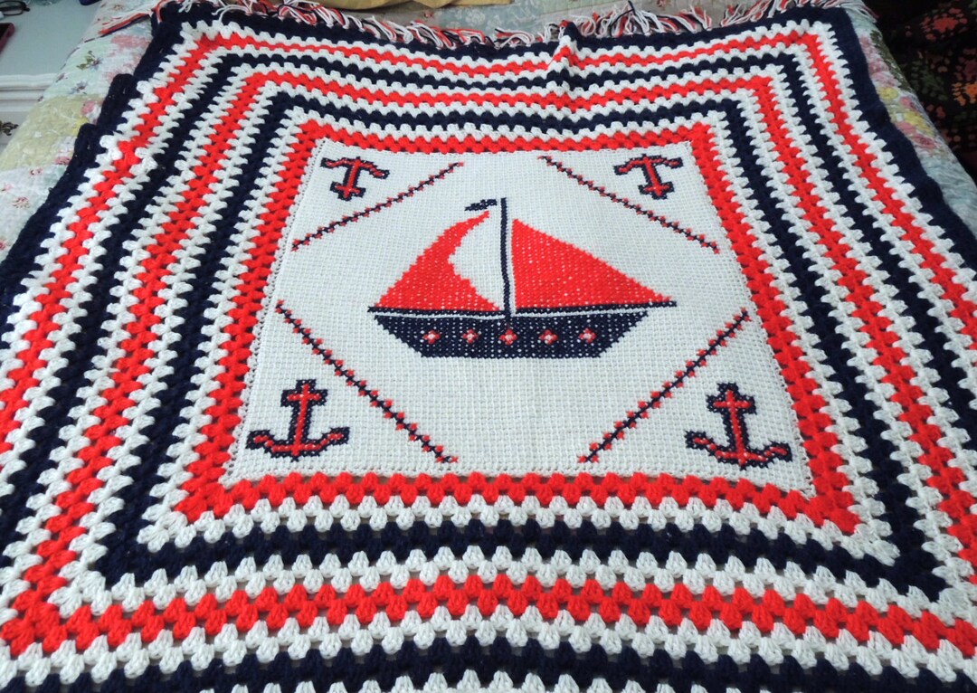 Vintage 60s Afghan Cape Cod Nautical Boat Anchor Crochet Yarn Fringe ...