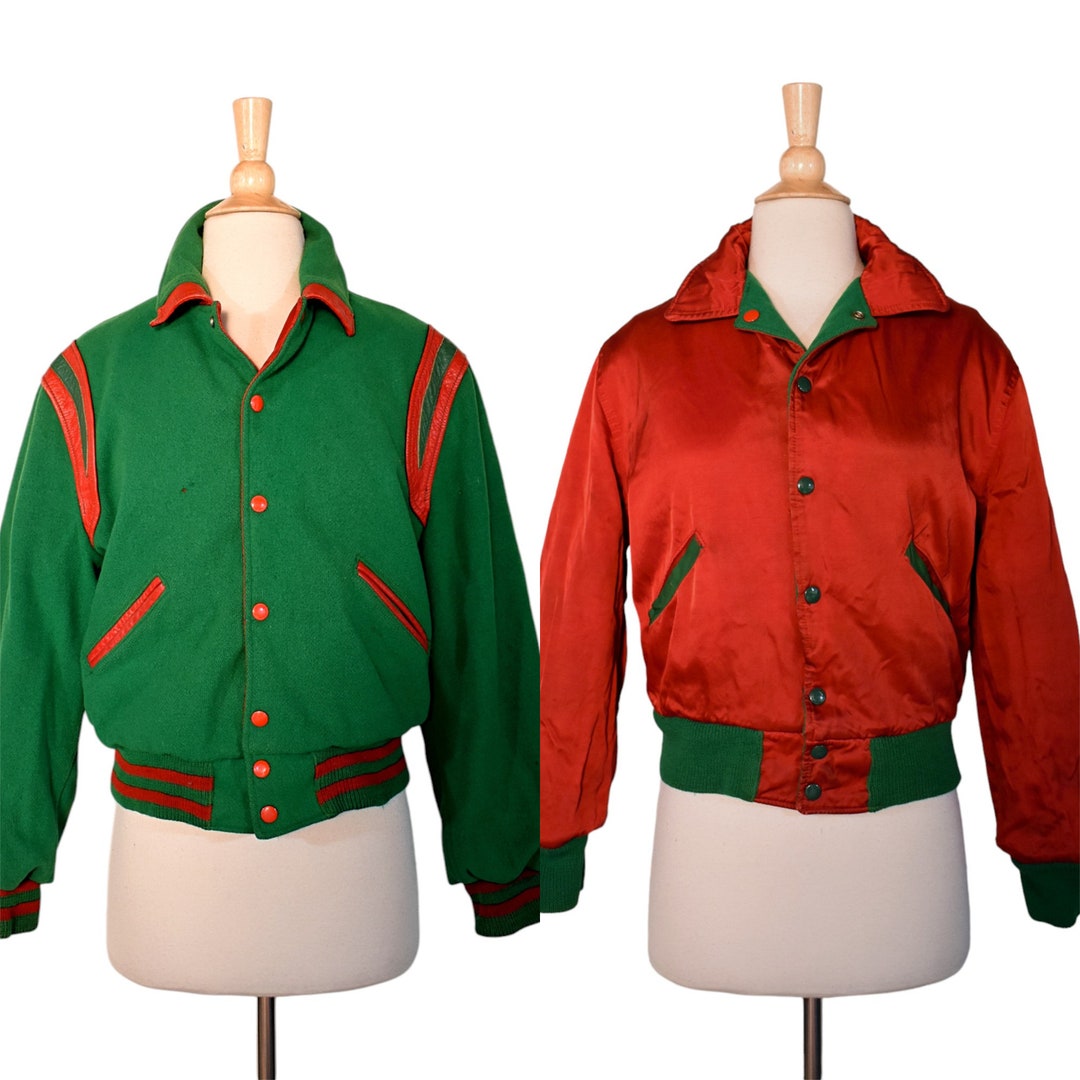 Vintage 50s Jacket Varsity Collegiate Grass Green Red Leather Satin ...