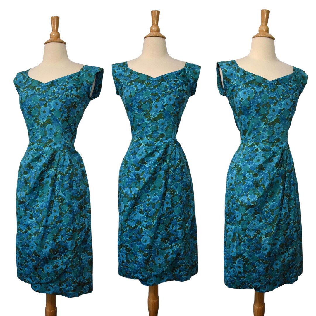 Vintage 50s Dress Hawaiian Peacock Blue Green Floral Sultry Bombshell ...