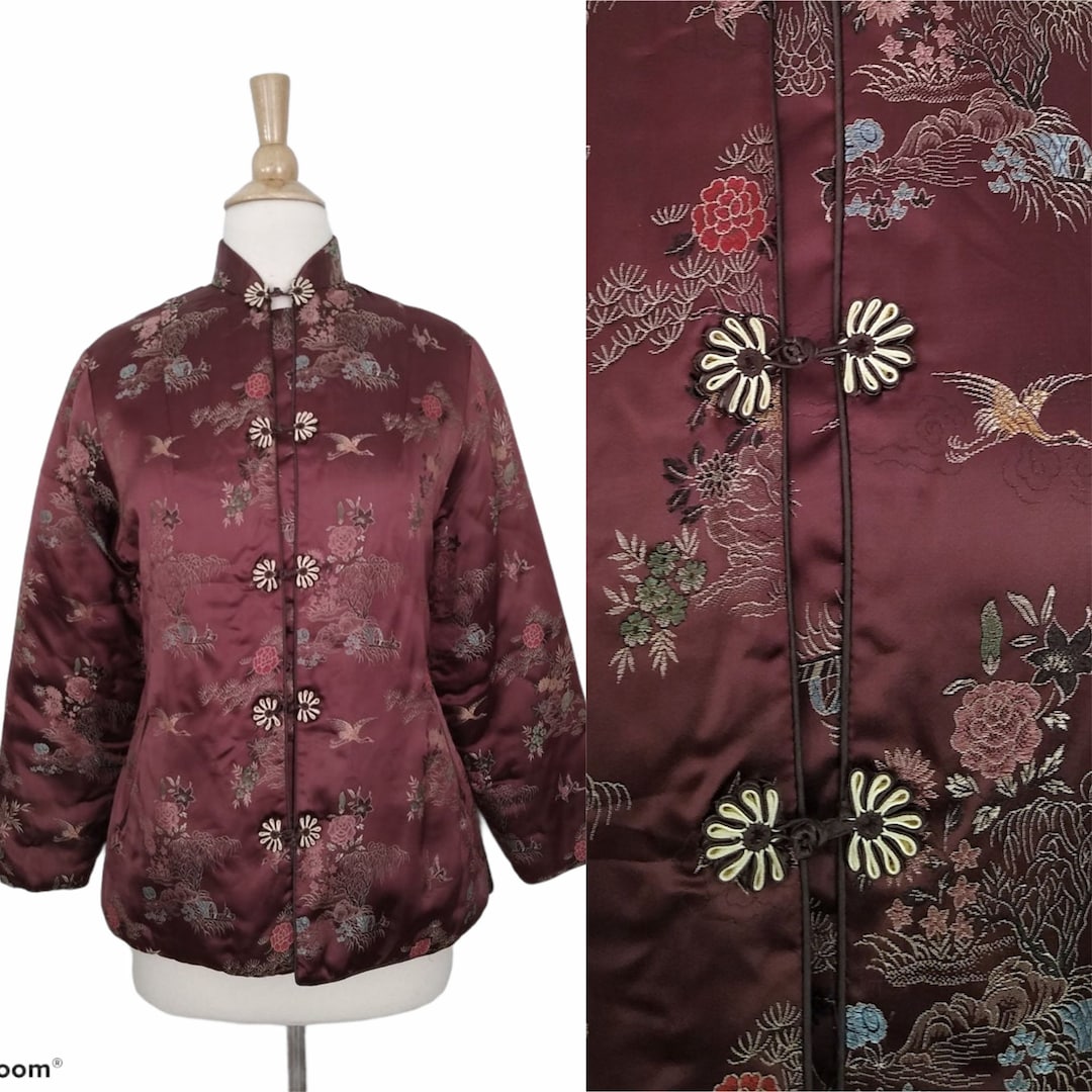 Vintage 70s Jacket Asian Tangzhuang Bourdeaux Satin Novelty Crane ...