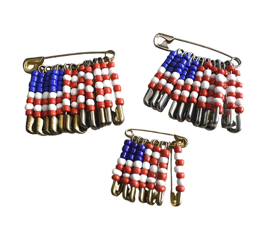 Vintage 80s Brooch Novelty Americana Flag Red White Blue Bead Safety ...