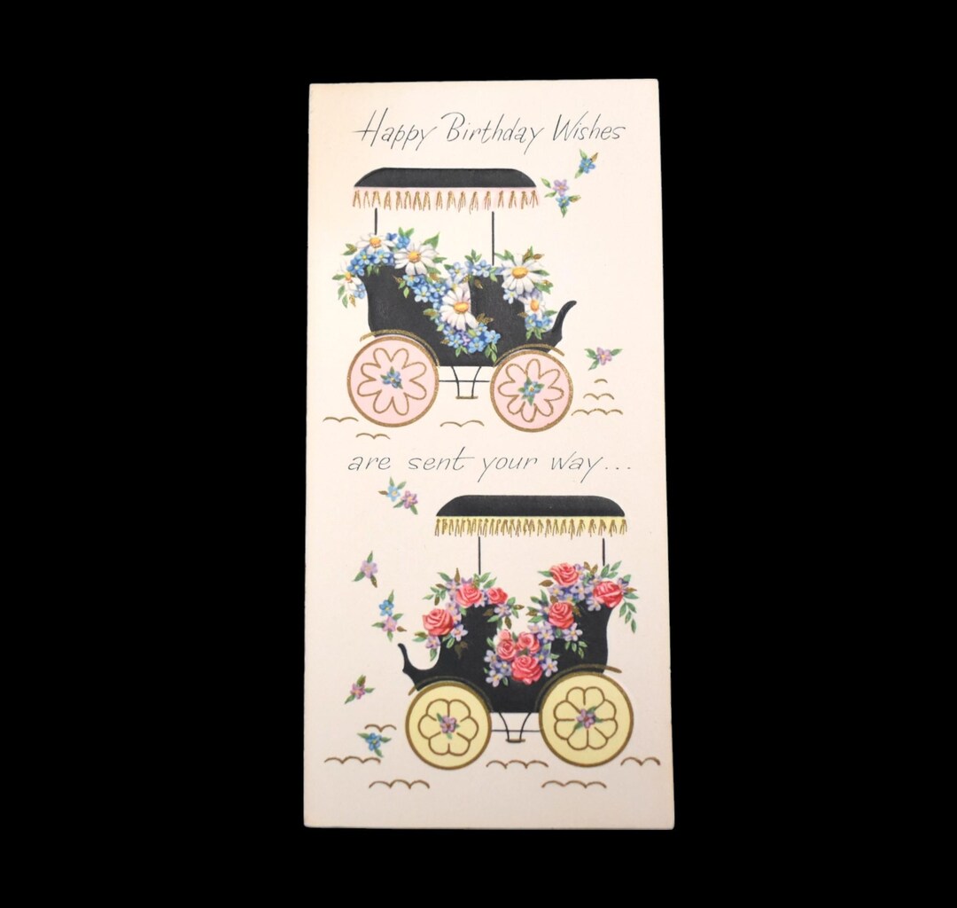 Vintage 50s Card Novelty Happy Birthday Flower Carts Embossed Gilded ...