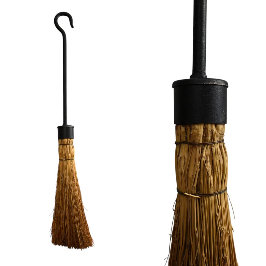 Vintage Hearth Broom Cast Iron Hook Handle Wire Baled Straw Bristle ...